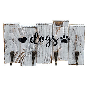MyGift Wall Mounted Dog Leash Holder, 4-Hook Rustic Whitewashed Wood Hanging Key Hook Rack with Cursive Dogs Label, Heart and Paw Print Decals