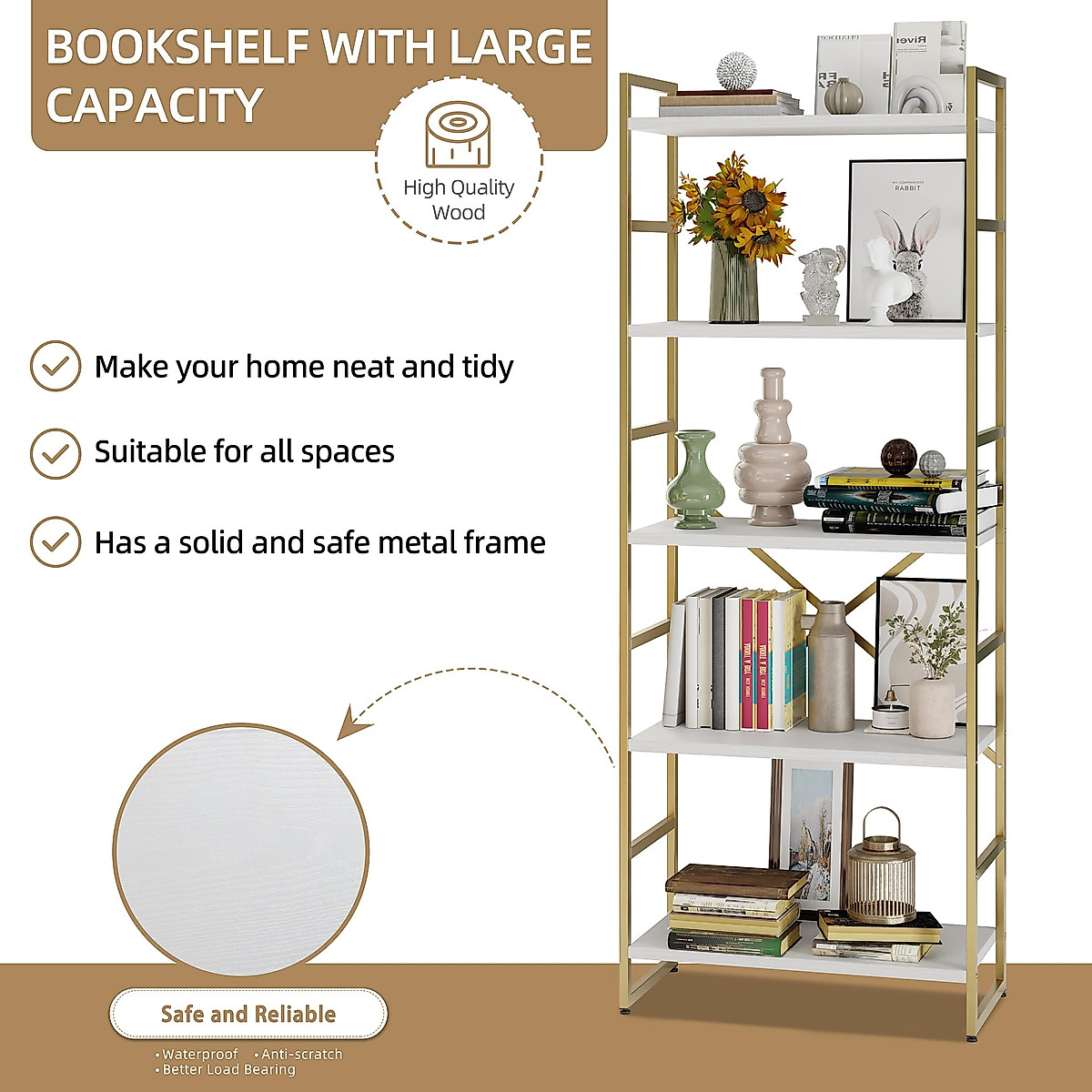 Vongrasig 5 Tier Bookshelf, Modern Tall Bookcase, Industrial Book Shelves Display Standing Shelf, Free Standing Storage Organizer for Bedroom, Living Room, White+Gold
