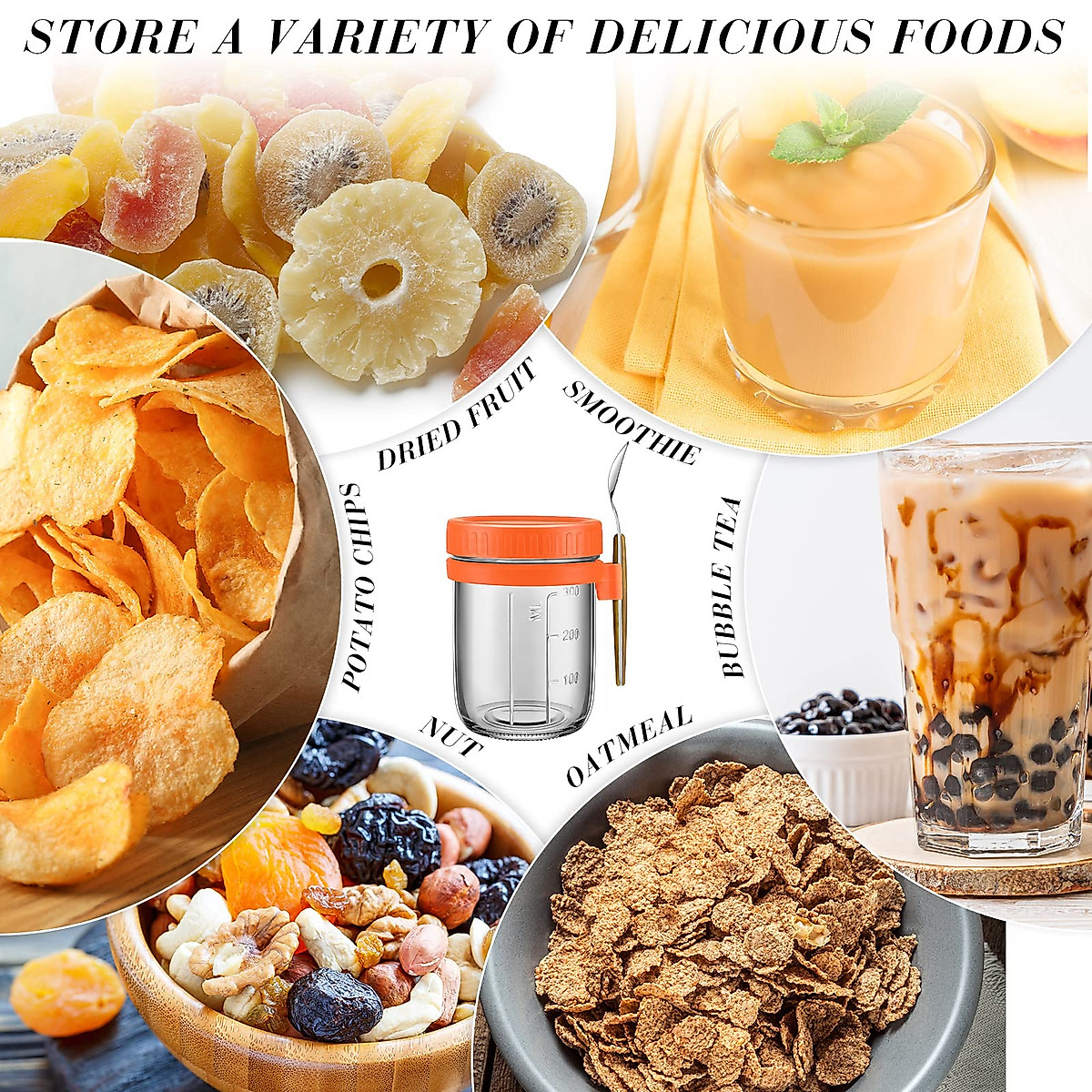 4 Set Overnight Oats Containers with Lid and Spoon Overnight Oats Jars 12oz Glass Airtight with Measurement for Cereal Yogurt Milk (Gray, Blue, White, Orange)