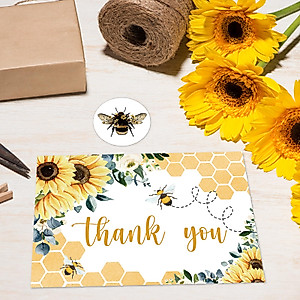 Whaline 24Pcs Sunflower Bee Thank You Cards Bulk Watercolor Summer Flower Greeting Cards with Envelope Stickers Blank Note Cards for Wedding Baby Shower Bridal Birthday Party, 4 x 6 Inch