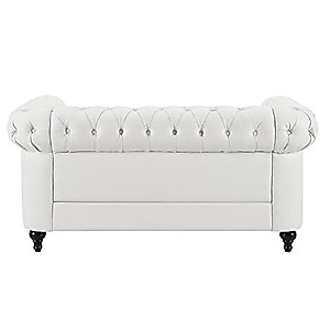 Naomi Home Emery Chesterfield Leather Loveseat, Mini Sofa Sleeper Loveseat, Small Sofa Bed with Rolled Arms, Tufted Cushions 2 Seater Sectional Small Loveseat for Small Spaces, Living Room White