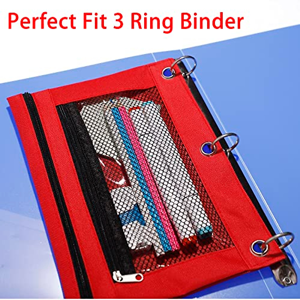 Antner Binder Pencil Pouch for 3 Ring Binder, 2 Pack 3 Ring Binder Pencil Pouches Double Zipper Pencil Case Cosmetic Bag, Black & Red