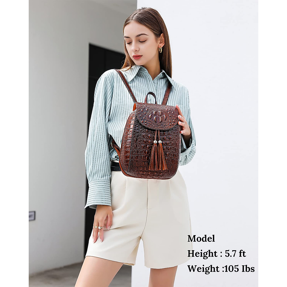 COOLCY Women Small Genuine Leather Backpack Purse Crocodile Designer Bag (Dark Brown)