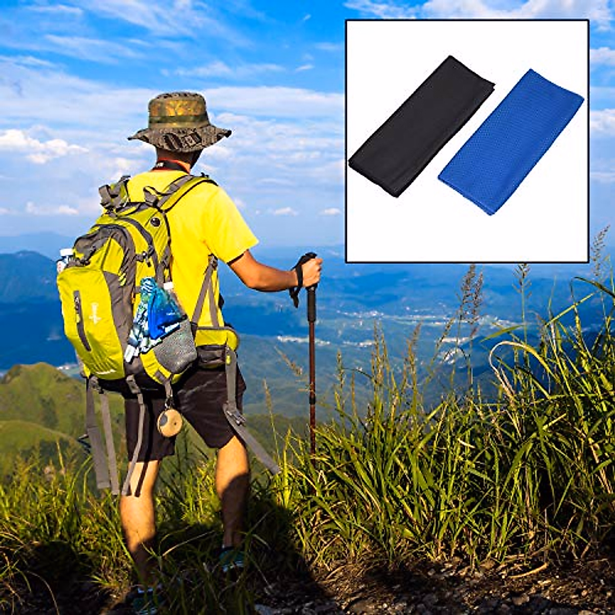 Eco-Fused Cooling Towel - 2 Pack (Blue/Black) - Absorbent Compact Cooling Towel for Indoor and Outdoor Activities - Gym Workout, Yoga, Running, Climbing, Fishing - Includes a Mesh Pocket