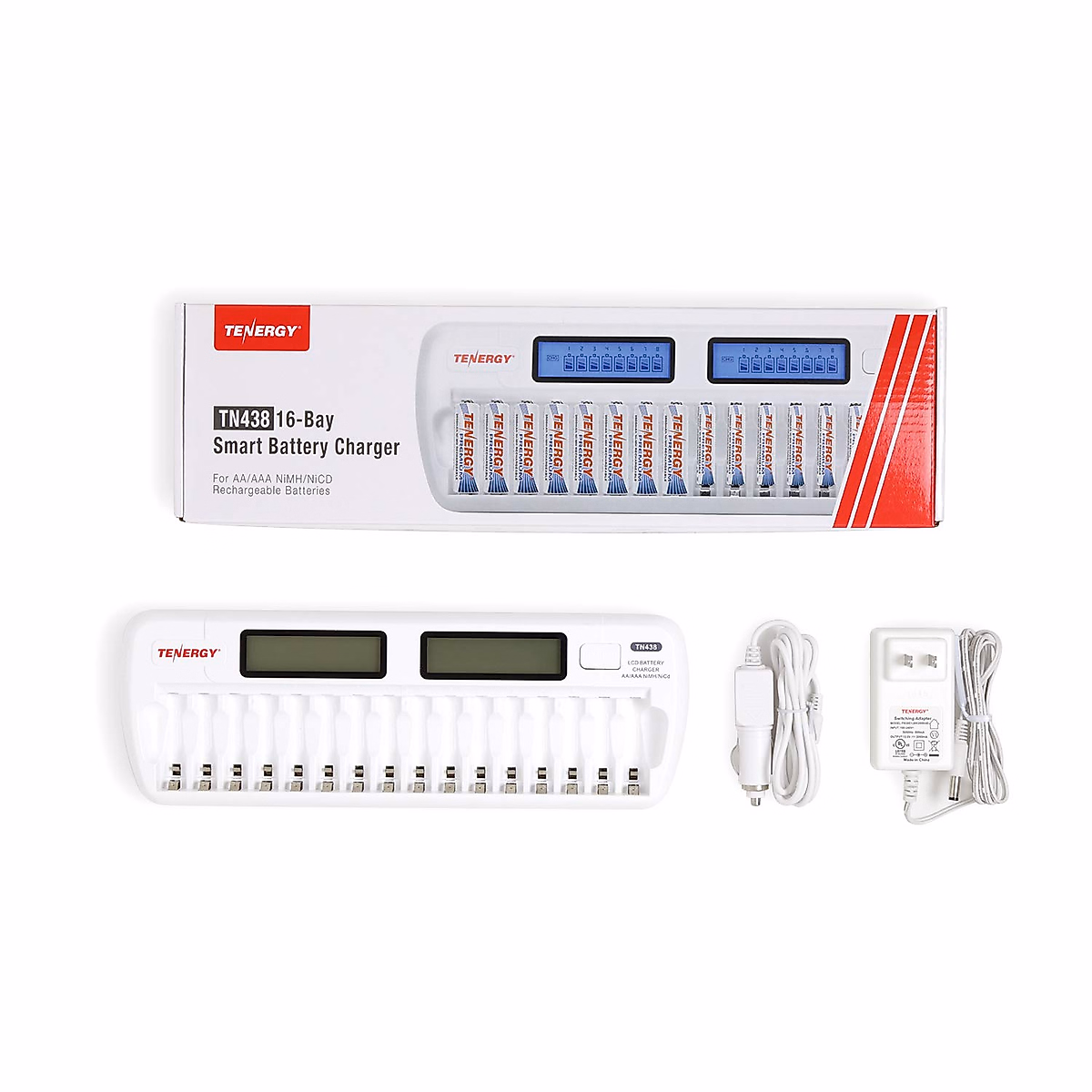 Tenergy TN438 16 Bay Battery Charger for AAA and AA Rechargeable Batteries, AA/AAA NiMH/NiCd Rechargeable Batteries Charger with AC Wall Adapter and Car Adapter