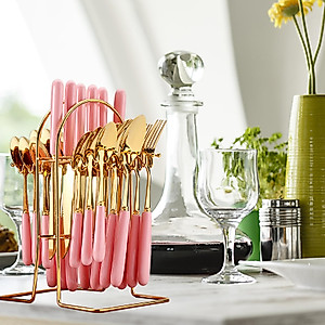 Gold Silverware Set, Caliamary 24 Pieces Flatware Set with Silverware Holder, Stainless Steel Knives and Forks and Spoons Cutlery Set Service for 6, Kitchen Utensil Tableware Set with Pink Handle