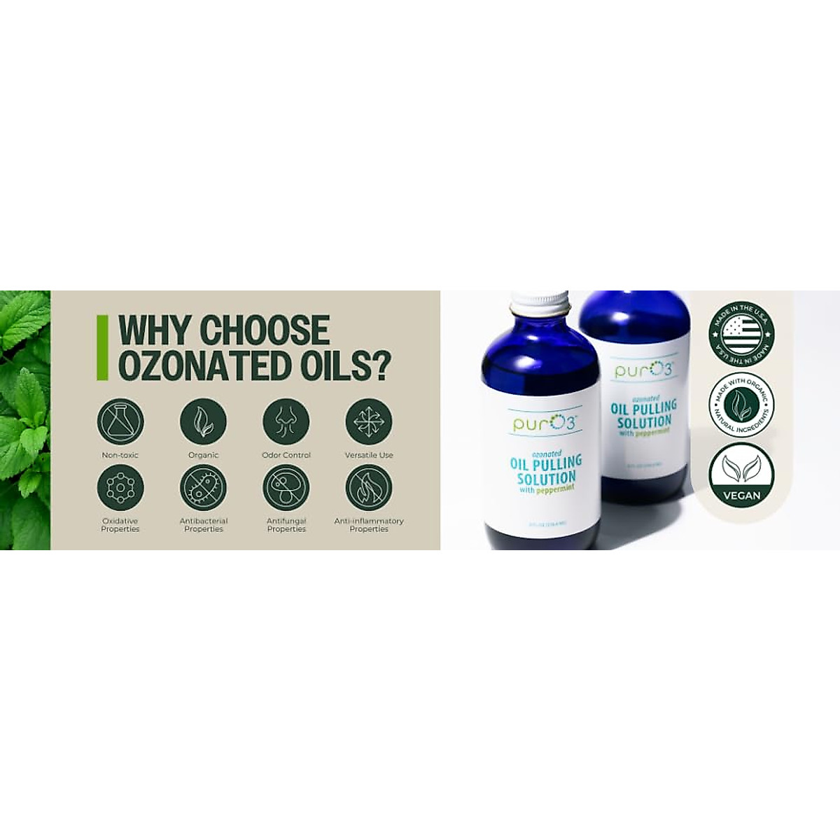 PurO3 Ozonated Oil Pulling Solution - Organic, Ozonated Coconut Oil Pulling for Teeth and Gums - Ozone Infused Oil Pulling Solution - Non-Toxic Teeth & Gum Pulling Oil with Peppermint, 8 oz