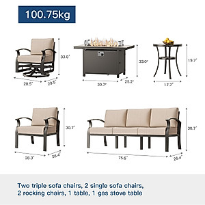 Kullavik Aluminum Patio Furniture Set,8 Pieces 10 Seat Metal Outdoor Furniture Conversation Set w/45 Propane Gas Fire Pit&Swivels,Sand