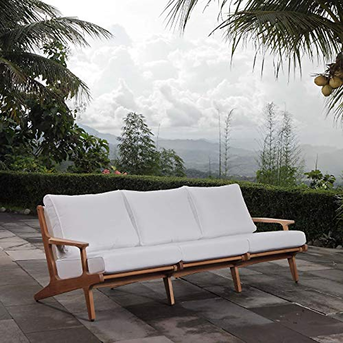 Modway EEI-2934-NAT-WHI Saratoga Premium Grade A Teak Wood Outdoor Patio Sofa with Cushions in Natural White
