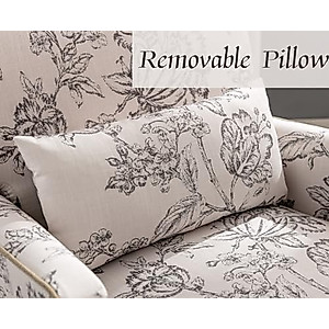 Shunzhi Mid Century Accent Chairs Modern Floral Armchair Upholstered Reading Chair Linen Farmhouse Single Sofa Chair with Pillow for Bedroom/Living Room/Fireplace, Beige, 2PC