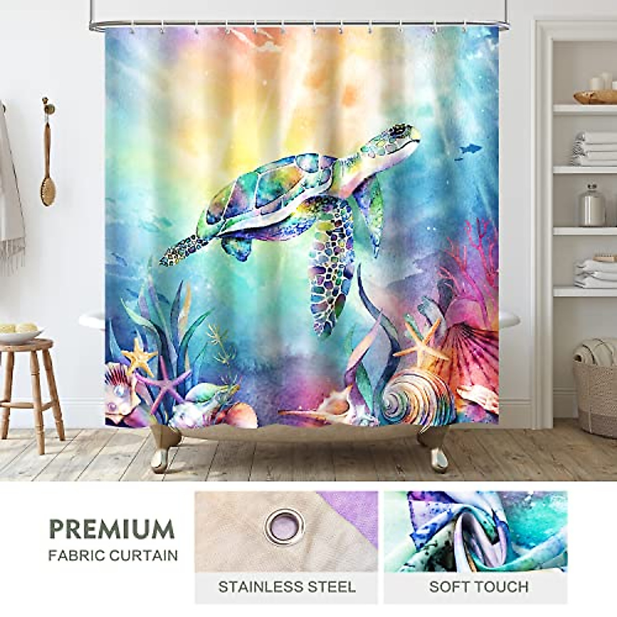 Blue Shower Curtain, Teal Sea Turtle Shower Curtains for Bathroom, Waterproof Quick-Dry Polyester Fabric Shower Curtain, Beach Nautical Shower Curtain Ocean Bathroom Decor with 12 Hooks, 72''x 72''