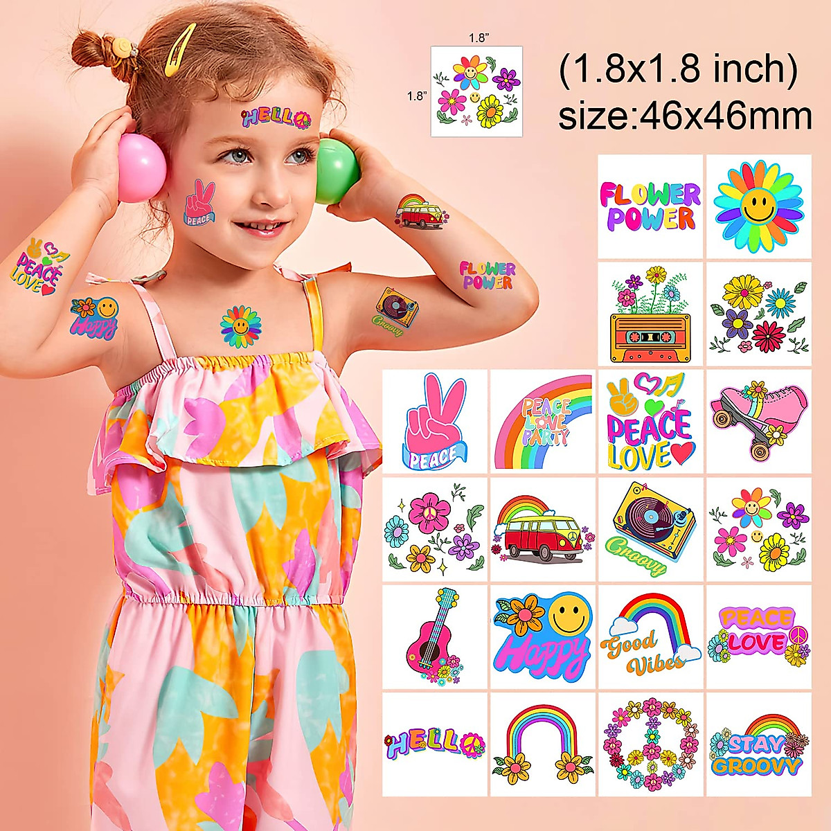 Zayvor 60pieces Groovy 70s Temporary Tattoos Individually Bulk,Flower Power Daisy Floral Groovy Birthday Party,Good Vibes Rainbow Favors Goodie Bag Halloween Makeup Costume