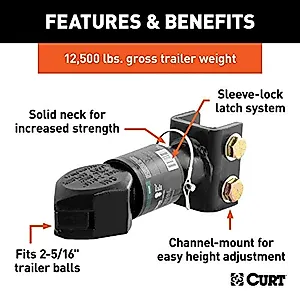 CURT 25329 Channel-Mount Adjustable Trailer Coupler, 2-5/16-Inch Hitch Ball, 12,500 lbs