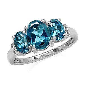 Silvershake 2.6 Carat 3 Stone Genuine Oval Shape London Blue Topaz White Gold Plated 925 Sterling Silver Ring Size 8
