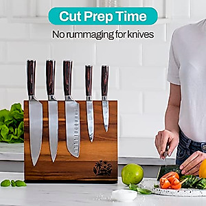 Magnetic Knife Block Holder Rack - Acacia Wood Cutlery Storage for 12 Knives Double Sided Magnets & Non-Slip Base - Knives Not Included