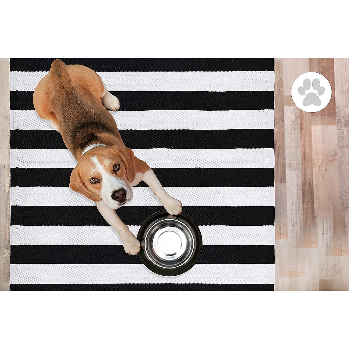 FH Home Outdoor Rug - Waterproof, Fade Resistant, Reversible - Premium Recycled Plastic - Striped - Porch, Deck, Balcony, Mudroom, Laundry Room, Patio - Brittany - Black & White Crease Free - 3 x 5 ft