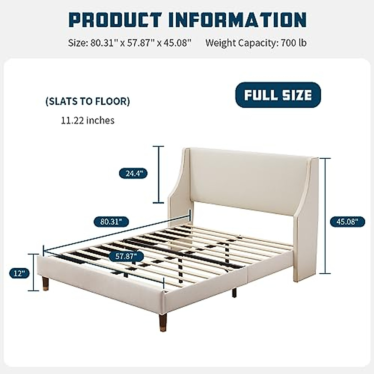QNZK Upholstered Platform Bed Frame with Linen Headboard, Golden PVC Material Edge, Metal Frame Wooden Slat Support, No Box Spring Needed, Wood Foot Easy to Assemble & Noiseless (Beige, Full)