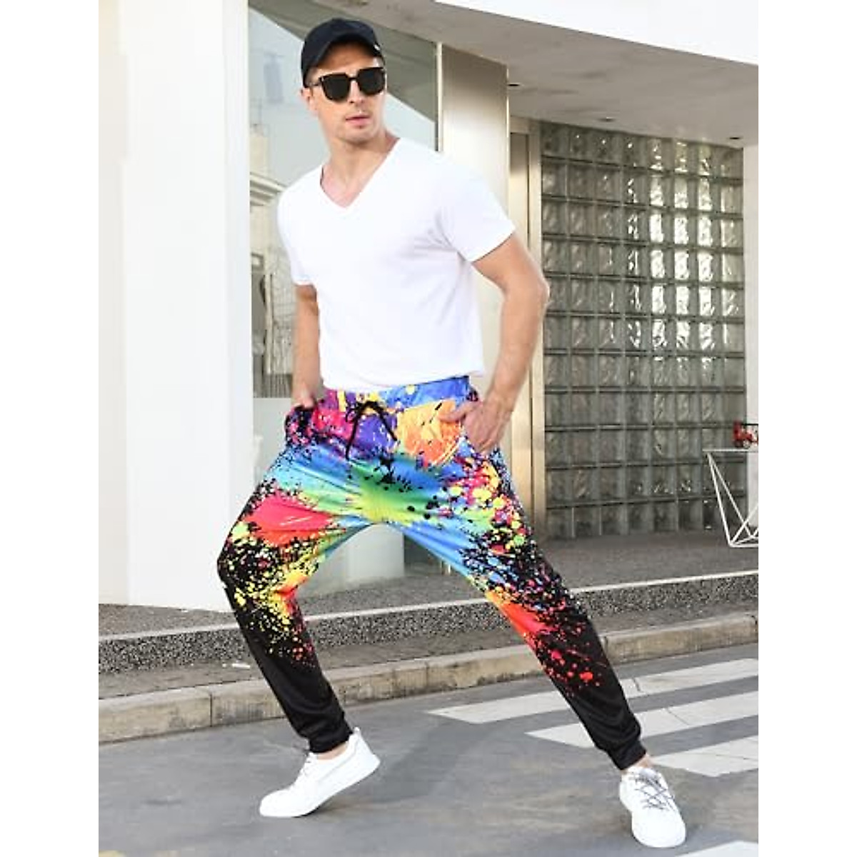 UNIFACO Men Women Causal Splatter Active Jogging Pants Baggy Elastic Sweatpants Black L