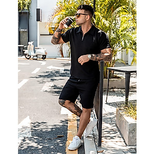 URRU Men's Polo Shirt and Shorts Set Summer Outfits Fashion Casual Short Sleeve Polo Suit for Men 2 Piece Short Set Black XL