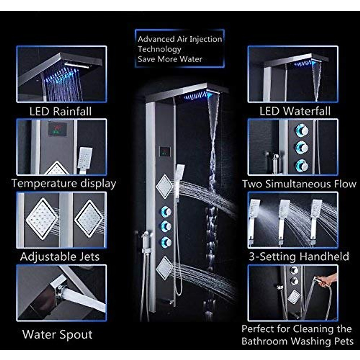 ELLO&ALLO LED Shower Panel Tower System,Rainfall Waterfall Shower Faucet Fixtures Bathroom Rain Massage System with Body Jets Brushed Nickel and Black