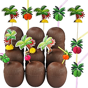 ALINK 18 Coconut Cups with 18 Straws and 18 Cocktail Drink Picks, Hawaiian Luau Tiki and Beach Party Decorations for Kids and Adults