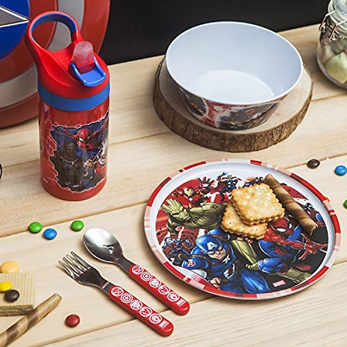 zak! Marvel Universe - 5-Piece Dinnerware Set - Durable Plastic & Stainless Steel - Includes Water Bottle, 8-Inch Plate, 6-Inch Bowl, Fork & Spoon - Suitable for Kids Ages 3+