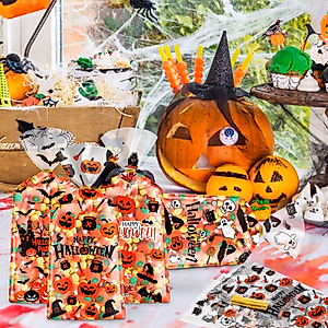 100 Pcs Halloween Treat Bags - Happy Halloween Goodie Bag, Plastic Halloween Pumpkin Cellophane Bags Bulk, Clear Gift Goody Candy Bags with Twist Ties for Halloween Party Supplies Favors Decorations