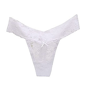Kinple 5PCS Lace Thongs for Women Sexy Low Waist Panties Stretch String Thong Panty Teen Girls V Back Perspective Brief White