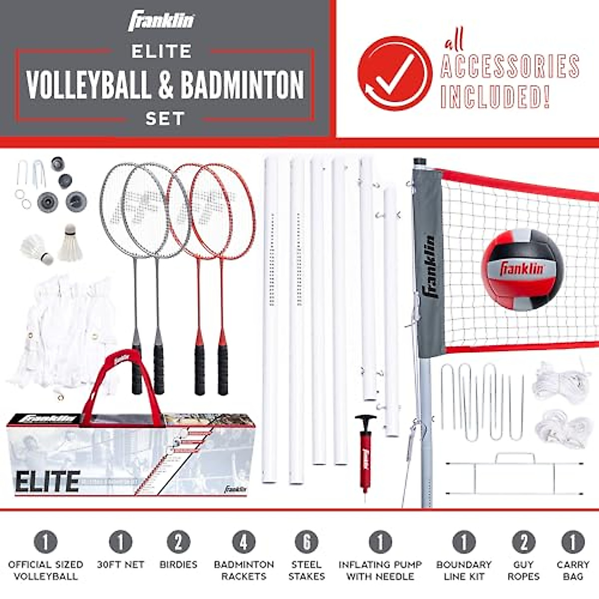 Franklin Sports Elite Badminton Volleyball Combo Net Set - Includes Volleyball,Badminton Rackets,Birdies, Poles/Net, Stakes, Ropes, Boundary Kit - Beach or Backyard Badminton - Easy Setup