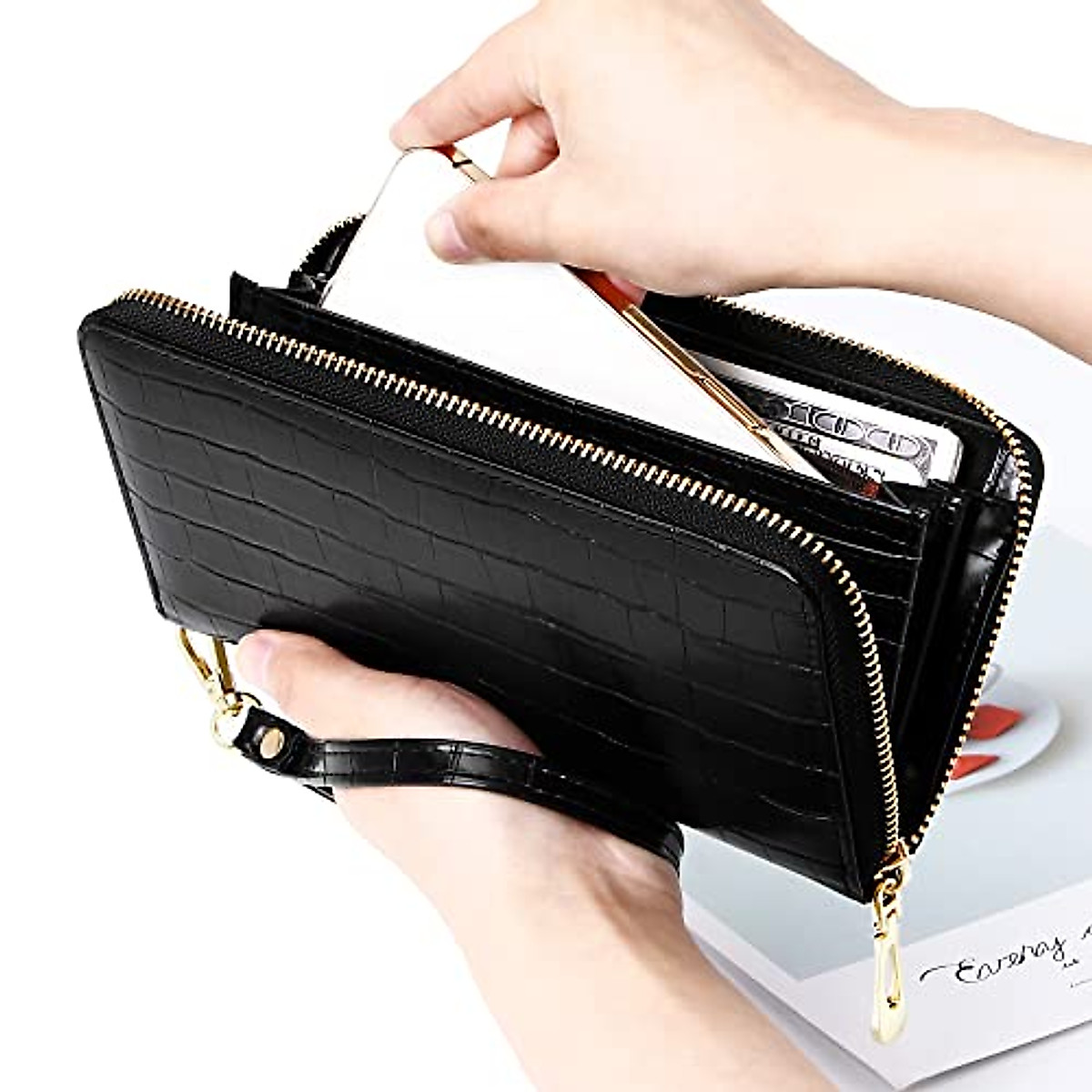 Badiya Womens Wallet RFID Blocking Leather Zip Around Wallet Large Capacity Credit Card Long Purse Clutch Wristlet