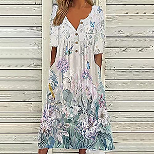 Cream Dress for Women, Spring Dresses Green Holiday Dress Women Sun Dress Maxi Women’S Casual O-Neck Short-Sleeve Button Loose Summer 2022 Dress Women's Crewneck Short Sleeve (L, White)