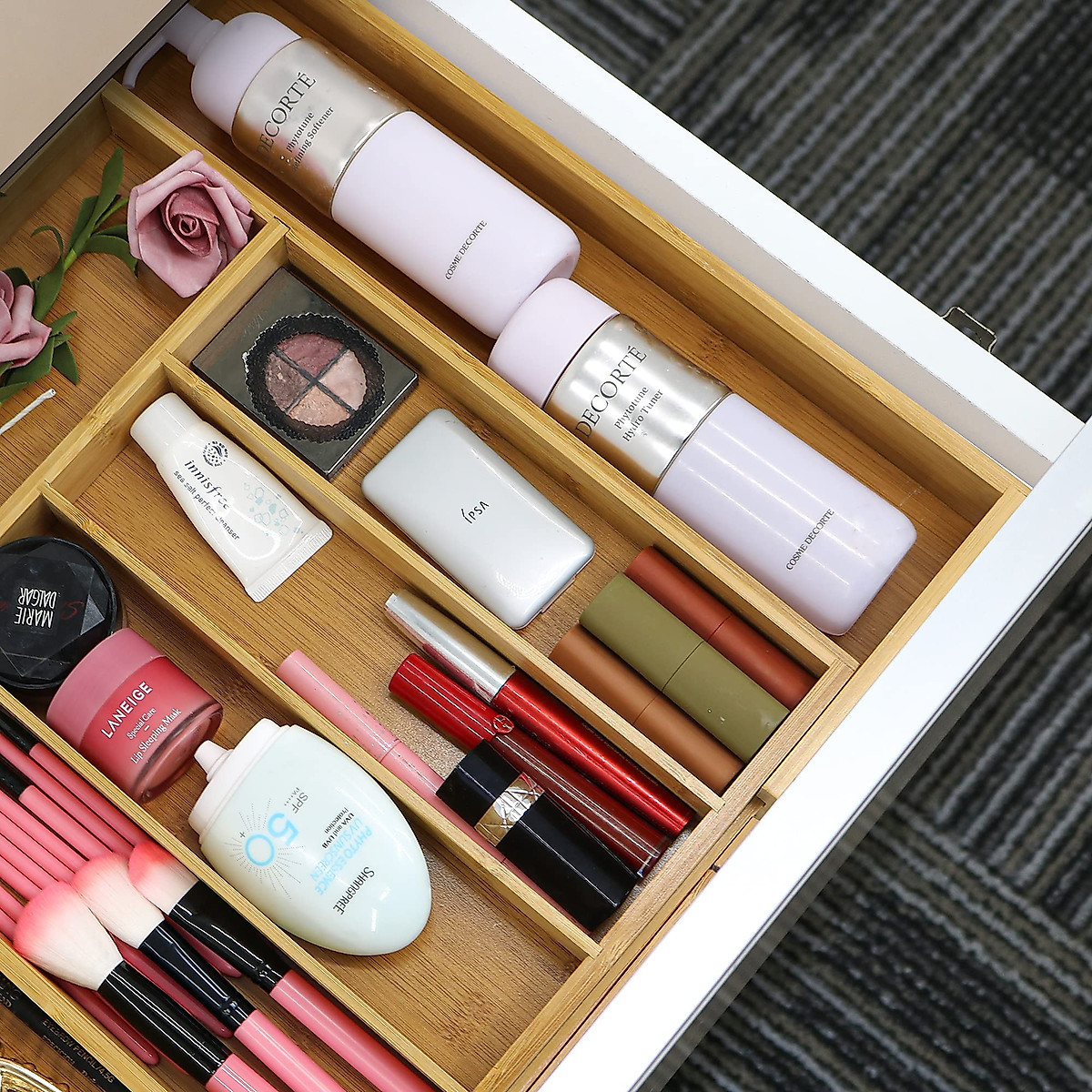 Diosbles 6 Pack Bamboo Drawer Dividers Expandable(2.36" High, 13.86"-18.98") and Bamboo Expandable Silverware Organizer