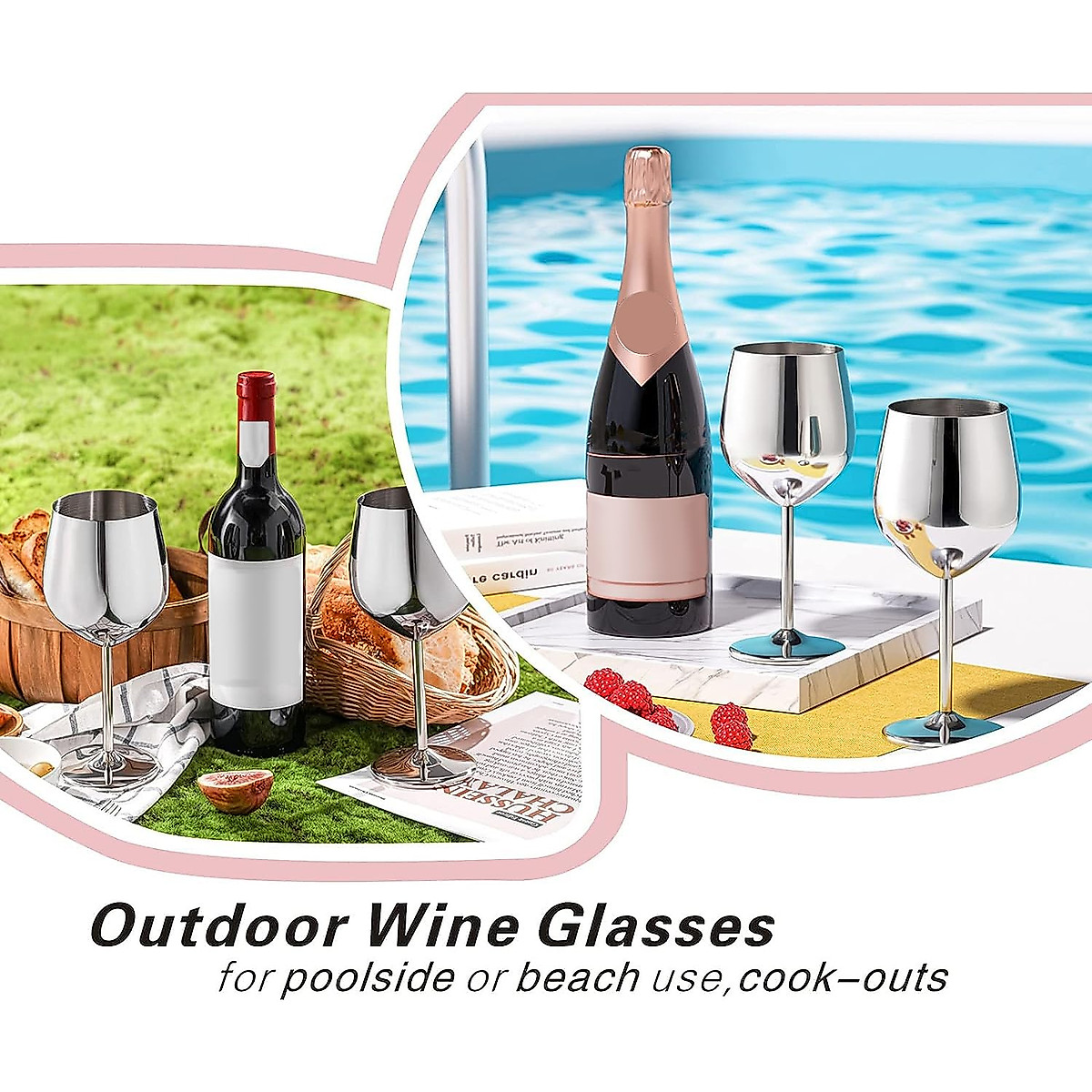 WOTOR Stainless Steel Wine Glasses Set of 2, 18oz Unbreakable Metal Wine Glass, Silver Wine Goblets for Outdoor, Ideal Gift for Wine Lovers (Silver)