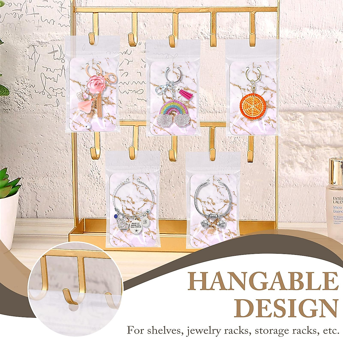 ZYNERY 100 PCS Keychain Display Cards with Self-Sealing Bags, 3 x 4.7 Inch Keychain Holder, Keychain Packaging Supplies for Displaying Keychains Jewelry (Marble White)