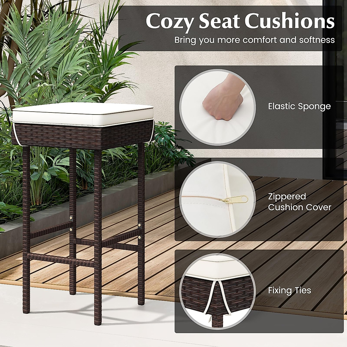 Tangkula Patio Rattan Barstools Set of 2, Outdoor Wicker Bar Height Chairs with Footrest & Soft Cushions, Heavy-Duty Metal Frame, Cushioned Barstools for Backyard, Balcony