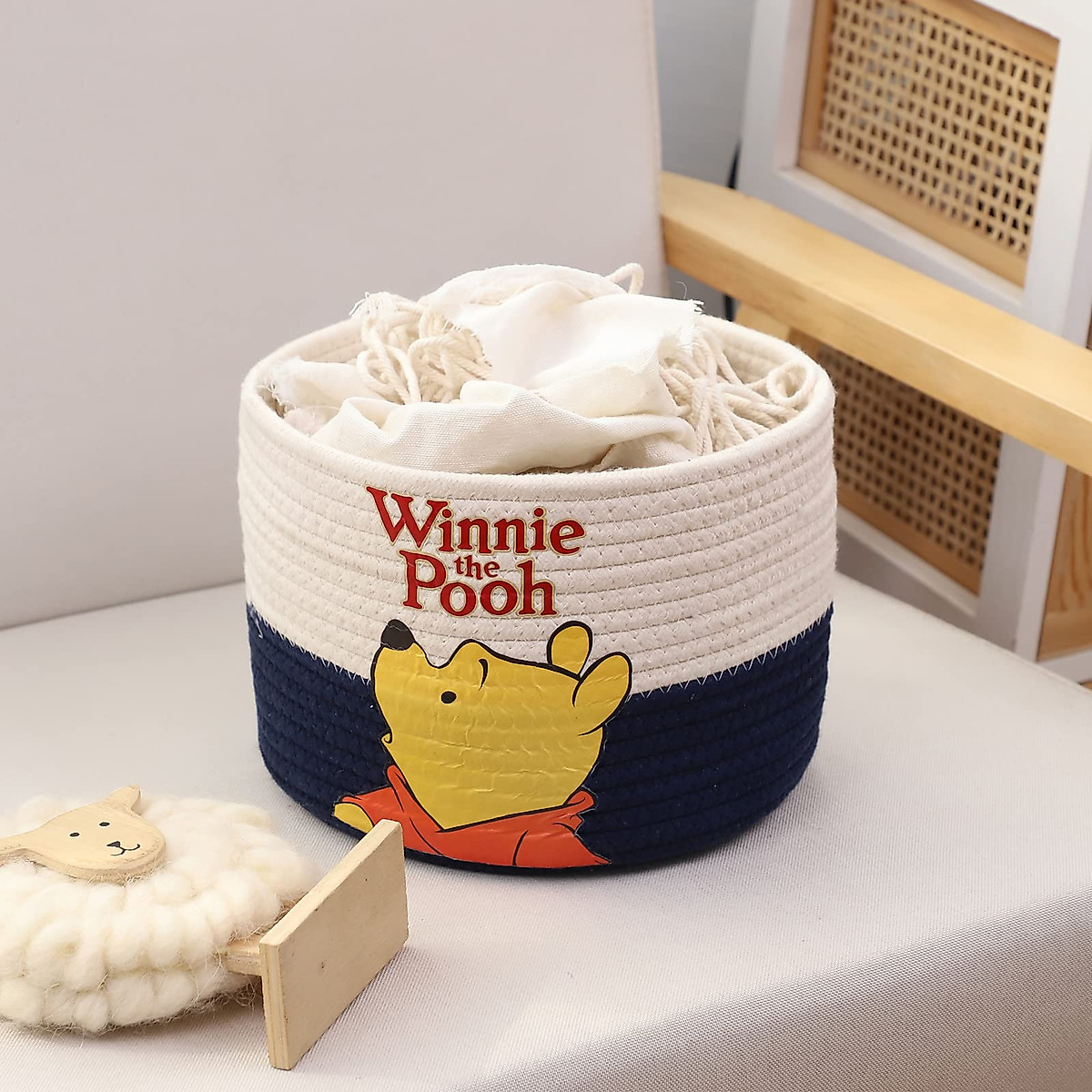 YAHUAN Cotton Rope Basket with Bear-Patterned Cotton Rope Storage Basket Collapsible Blanket Basket with Handles(blue white)