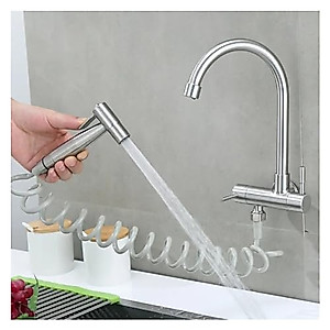 304 Stainless Steel Kitchen Faucet Wall Mounted Double Handle Single Cold Water Faucet Sprayer Balcony Sitz Bath Nozzle (Color : A)
