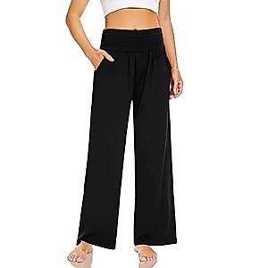 SUNYAA Wide Leg Yoga Pants for Women High Waisted Casual Loose Sweatpants with Pockets Comfy Lounge Flowy Palazzo Pants Pajamas Black L
