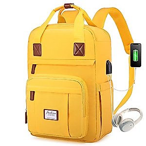LOVEVOOK Laptop Backpack for Women Girls, 15.6 Inch Anti-Theft Computer Backpack with USB Charging Port, Water Resistant Student School Bookbag Nurse Cute Bag with Lock, Yellow