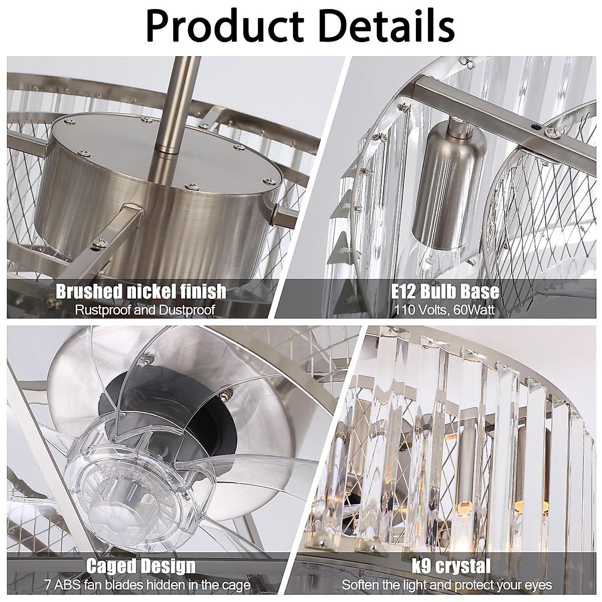 Luupyia Crystal Caged Brush Nickel Ceiling Fan with Light 18In, 6 Speed Reversible, 4Lights Crystal Fandelier Ceiling Fan with Light and Remote Silver Fandelier Low Profile 7 Bladeless E12