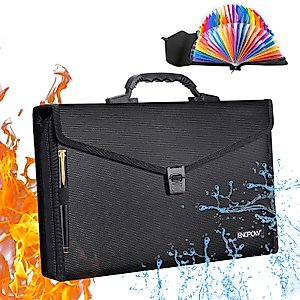 ENGPOW Accordian File Organizer Fireproof Expanding File Folder Filing Briefcase with 26 Multicolored Pockets,Durable Buckle,Portable Handle,Zipper Closure,A4 Letter Size for Travel,Home,Office