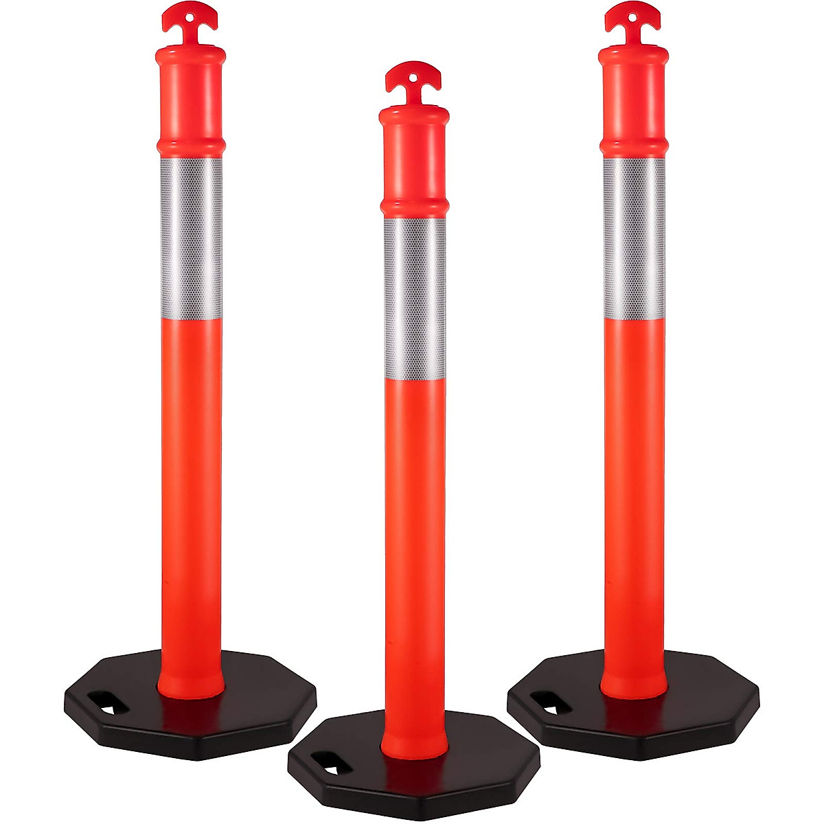 VEVOR 3Pack Traffic Delineator Posts 44 Inch Height, PE Delineator Post Kit 10 inch Reflective Band, Orange Delineator Cones with Rubber Base 16 inch for Construction Sites, Facility Management etc