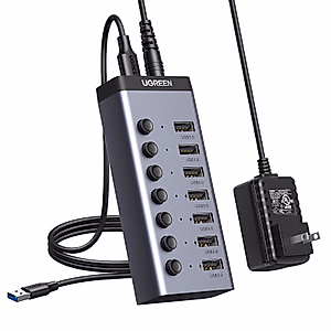 UGREEN Powered USB 3.0 Hub, 7-Port USB Adapter with 4 Smart Charging Ports, USB Splitter with Individual Led On/Off Switches and Power Adapter, USB Ports Extender for Laptop PC