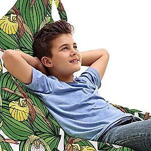 Lunarable Gardening Lounger Chair Bag, Detailed Illustration of Paphiopedilum Type of Orchids with Giant Lobed Leaves, High Capacity Storage with Handle Container, Lounger Size, Multicolor
