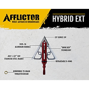 Afflictor Hybrid-EXT Broadhead | Patented Drive-Key Hybrid Design | Superior Penetration | Field Point Accuracy | Durable Design | Low Profile | Shoots from Any Bow | Devastating 1-1/2" Cut