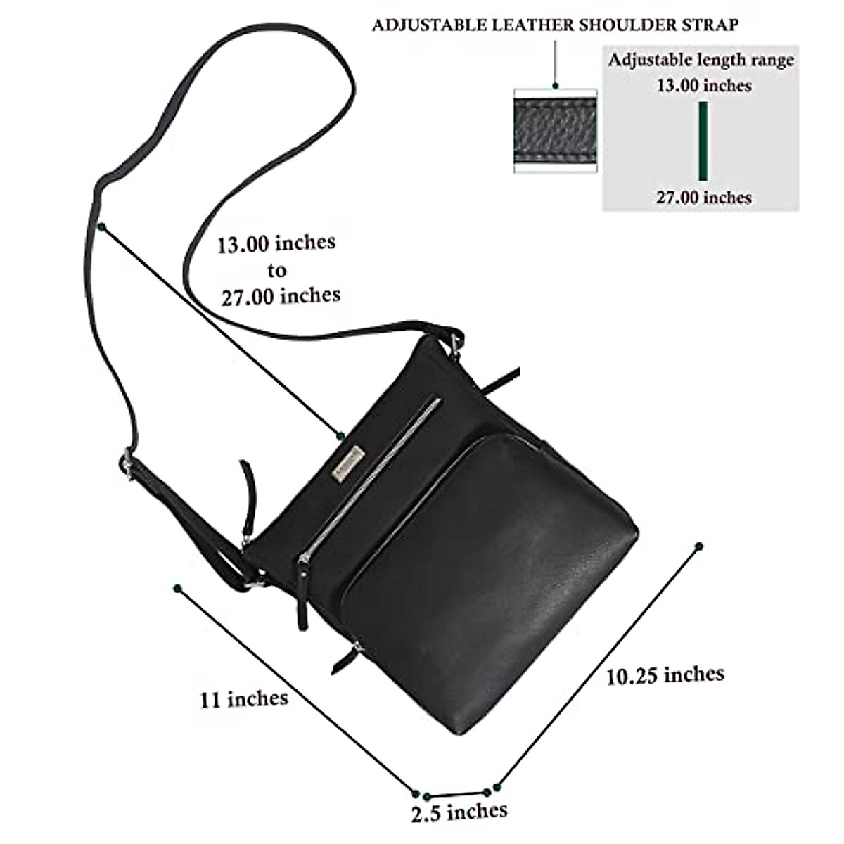 ASSOTS Genuine Leather Crossbody Bag for Women – Triple Zip Crossover Purse Travel Bag Fits iPad Pro 11” (AGATHA - Black Pebble Grain)