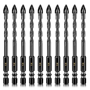 10 Pack 1/4" Concrete Drill Bits, Masonry Drill Bit Set, 6mm Tungsten Carbide Drill Bit Set for Tile/Ceramic/Glass/Mirror/Brick/Plastic/Cement, 1/4" Quick Change Hex Shank, in Carrying Case
