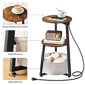 HOOBRO Small Round Side Table with Charging Station, Round End Accent Table with Fabric Storage Basket, Compact Sofa Bedside Table for Small Space in Living Room, Bedroom, Rustic Brown BF169UBZ01