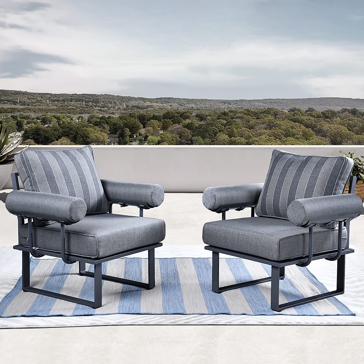 HOOOWOOO Aluminium Outdoor Chairs Set of 2 Patio Club Chairs Armchairs Bistro Set Chairs with Armrest Cushions,Grey Frame Grey Stripes Thick Cushions