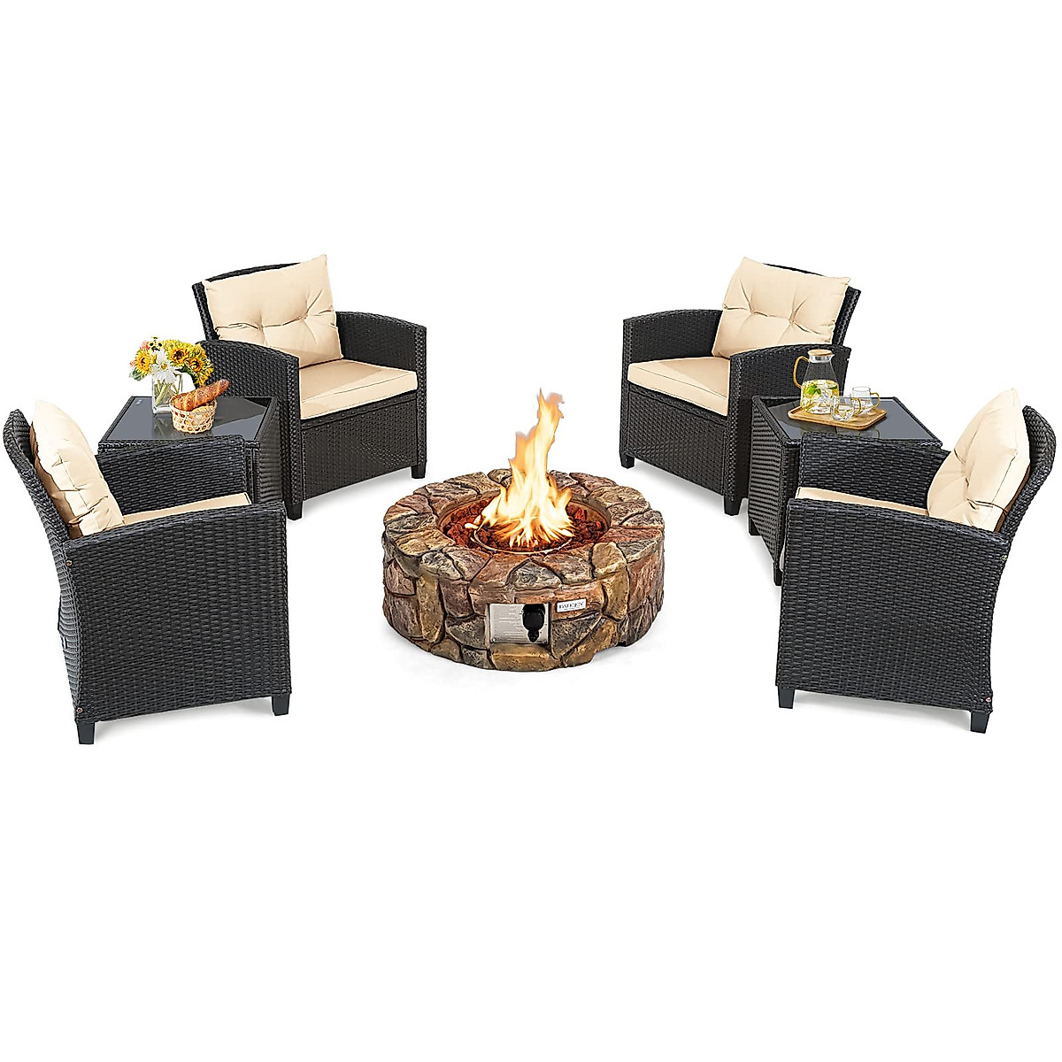 Toolsempire 7 Pieces Patio Furniture Set with 40,000 BTU Propane Round Fire Pit Table, Patio Fire Table Set with Cushions, Lava Rocks & Waterproof Cover, Wicker Conversation Set for Garden(Coffee)